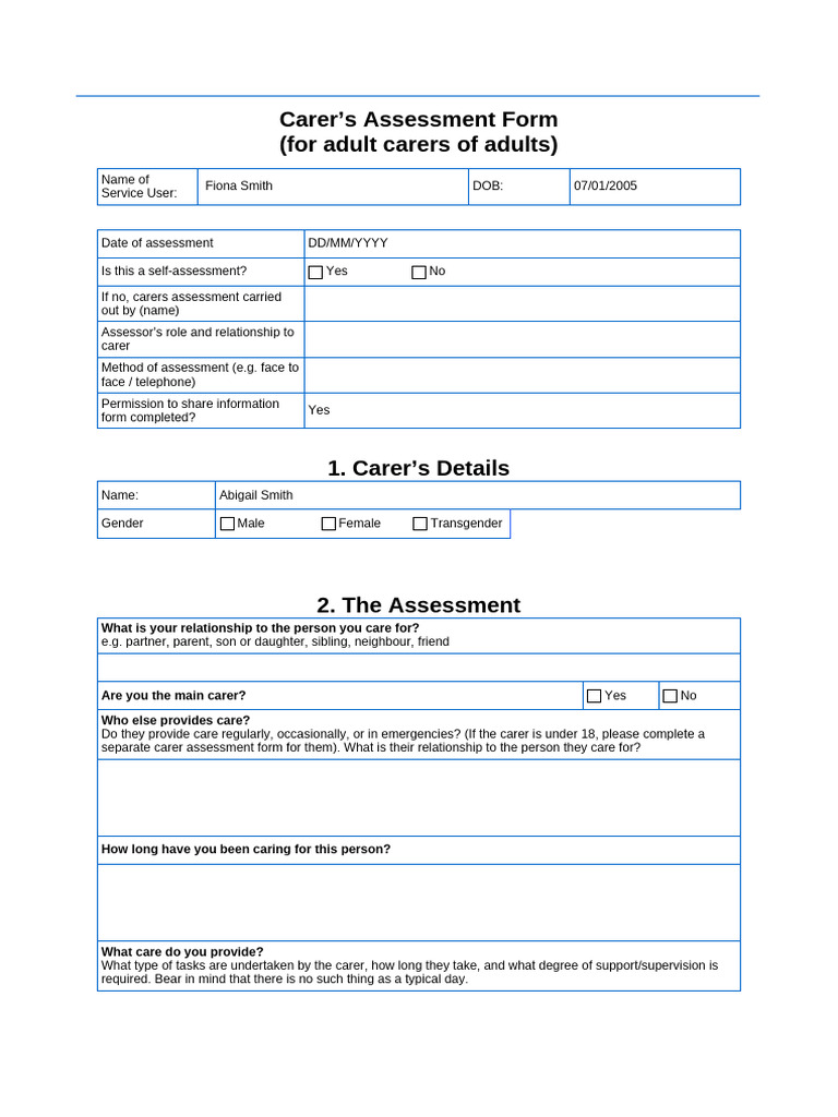 Carers Assessment Form | PDF | Caregiver | Behavioural Sciences