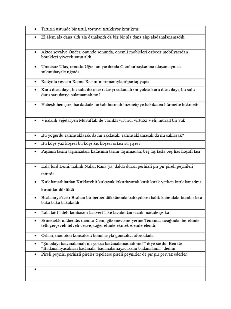 Diksiyon Uygulama Tekerleme Listesi | PDF