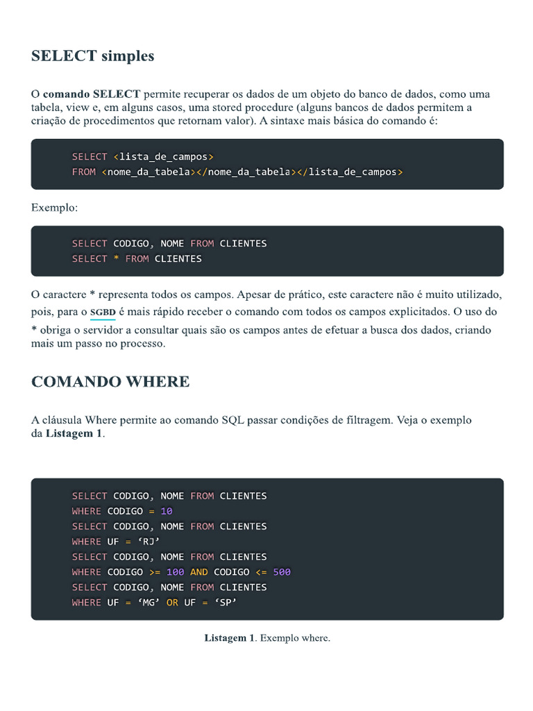 Guia de aplicação de linguagem de consulta SQL | PDF