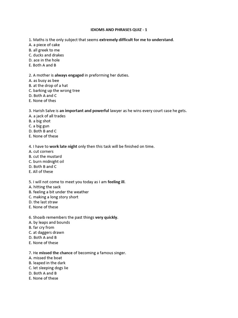 Idioms and Phrases Quiz 1-2 | PDF