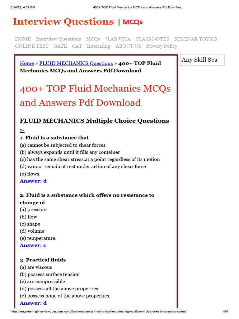 400+ TOP Fluid Mechanics MCQs and Answers PDF Download | PDF | Buoyancy | Pressure