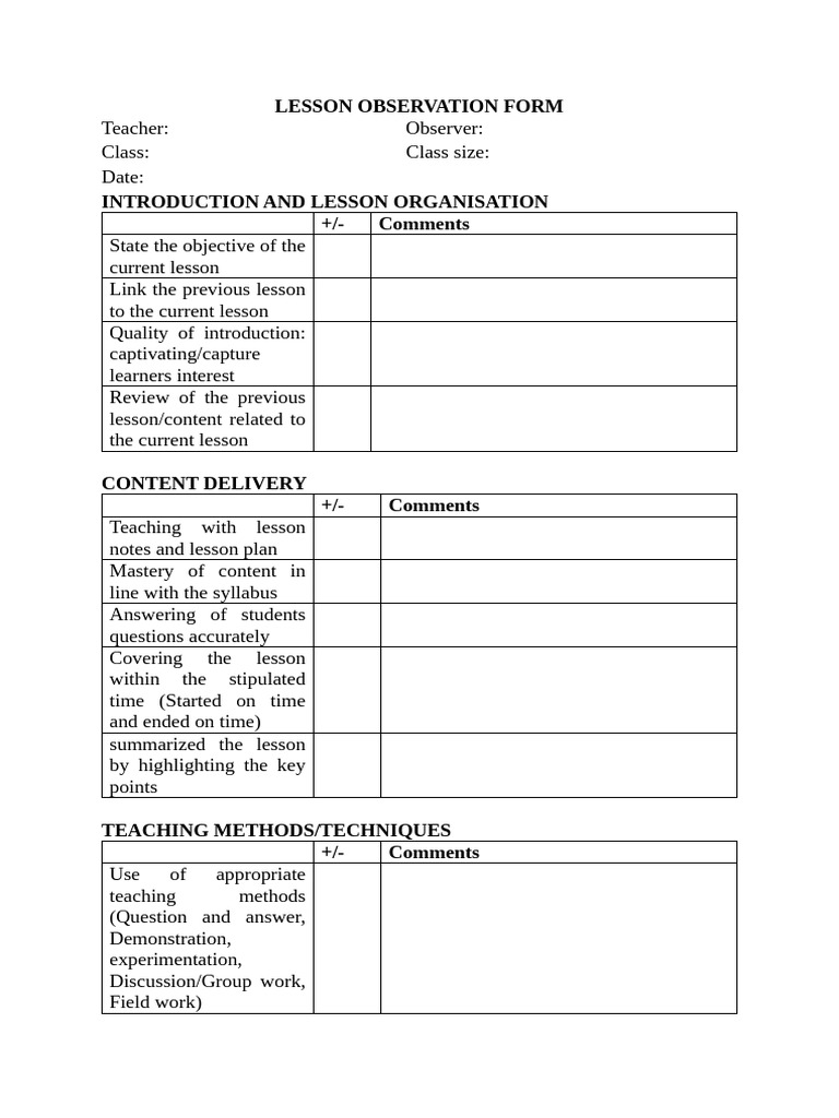 Lesson Observation Form Template | PDF