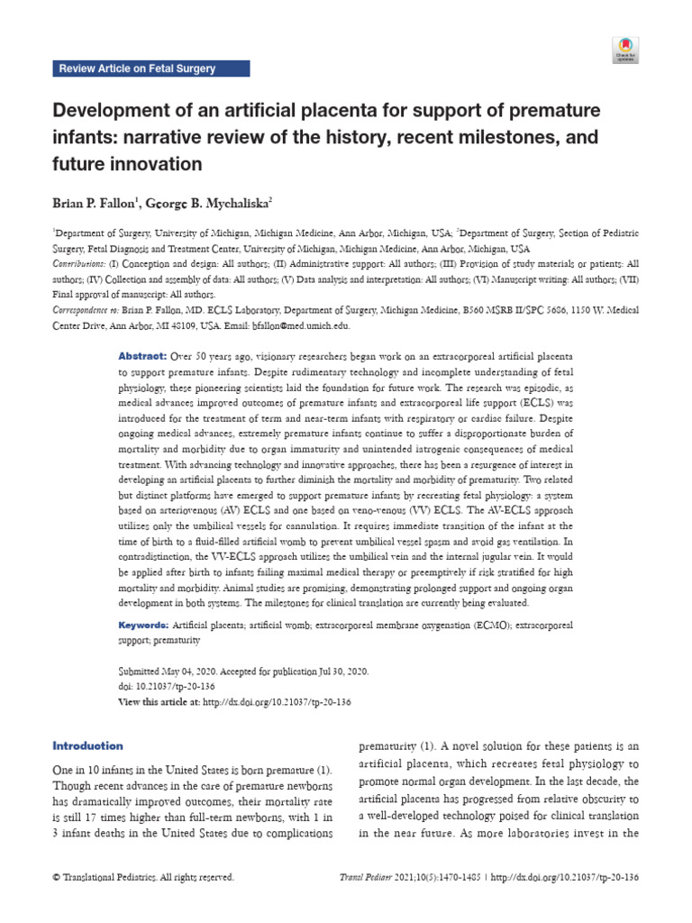 Development of An Artificial Placenta For Support of Premature Infants ...