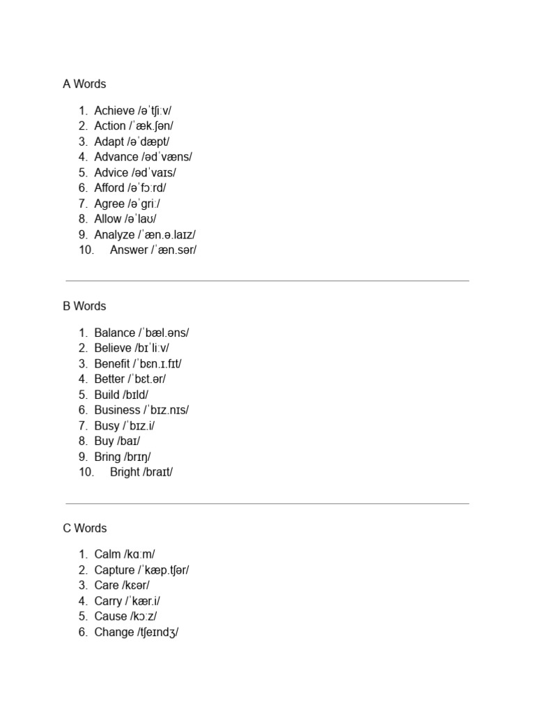 Word List For Pronunciation Part | PDF