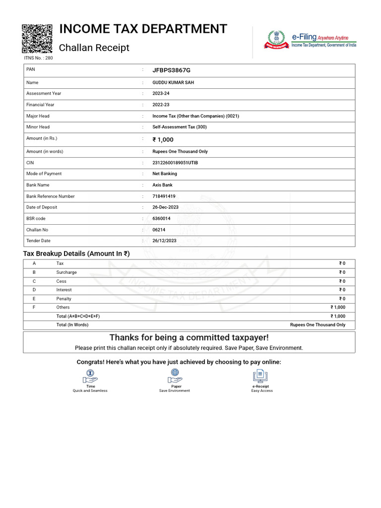 Income Tax Challan Receipt 6360014 | PDF | Money | Economies