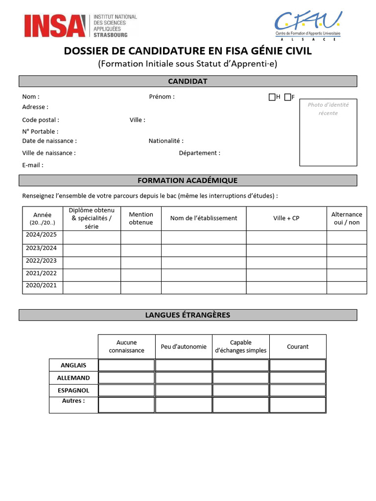 Dossier de candidature FISA Génie Civil | PDF