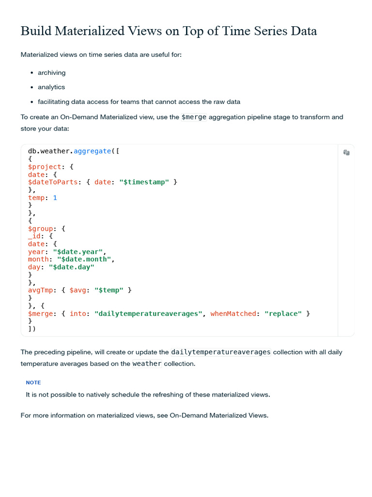 Build Materialized Views On Top of Time Series Data - MongoDB Manual v8.0 | PDF