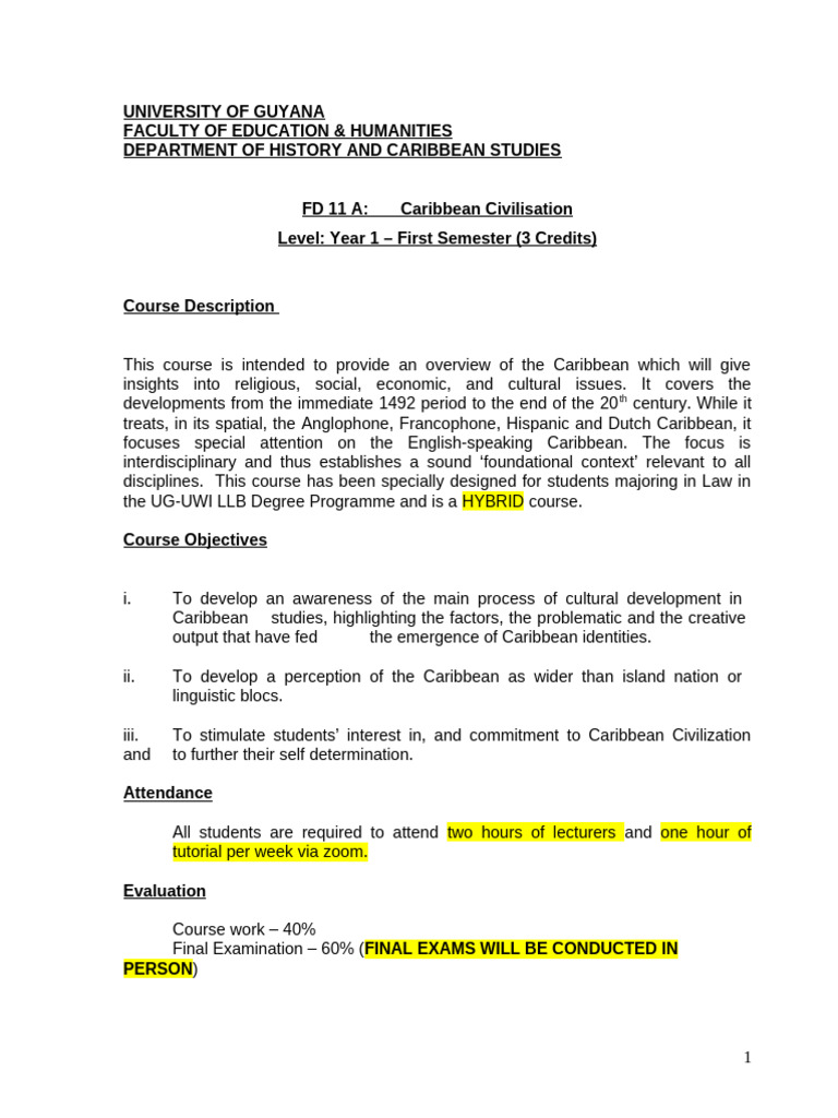 FD 11A (Caribbean Civilisation) Course Outline | PDF | Slavery