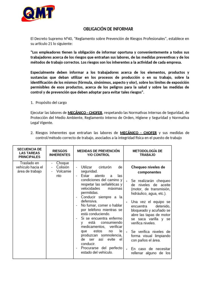 16. ODI MECÃ_NICO - CHOFER | PDF | Seguridad y salud ocupacional