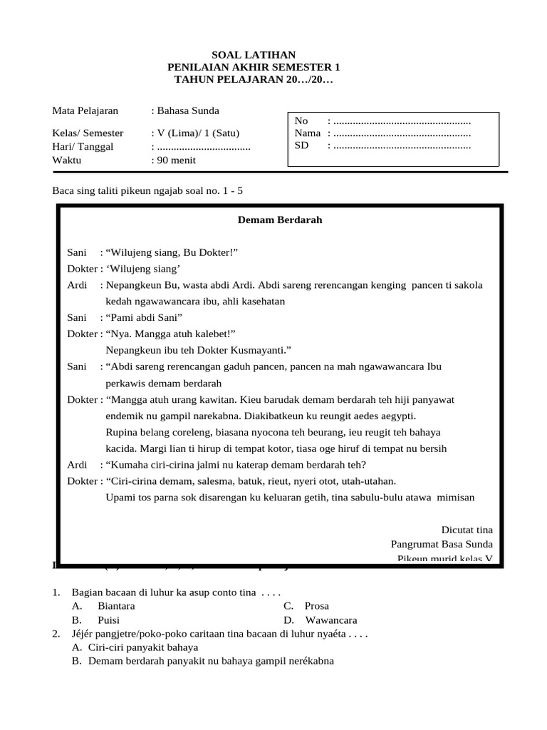 Soal Latihan PAS B. Sunda Kls 5 | PDF