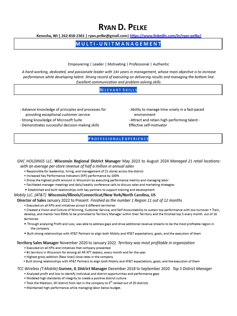 Ryan Pelke Multi Unit Resume 2024 | PDF | Business | Business Economics