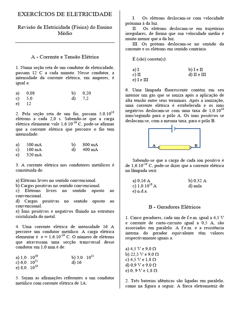 EXERCÍCIOS DE ELETRICIDADE | PDF | Circuitos em série e em paralelos | Resistência elétrica e ...