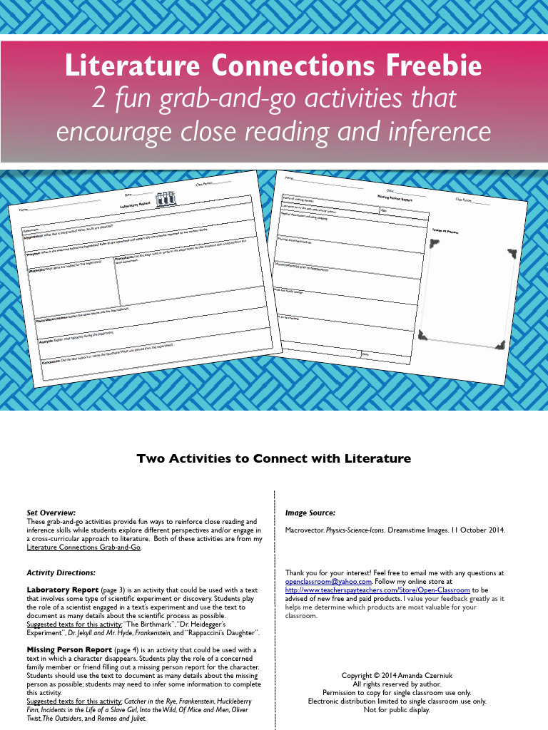 Literature Connections Freebie: 2 Fun Grab-And-Go Activities That ...