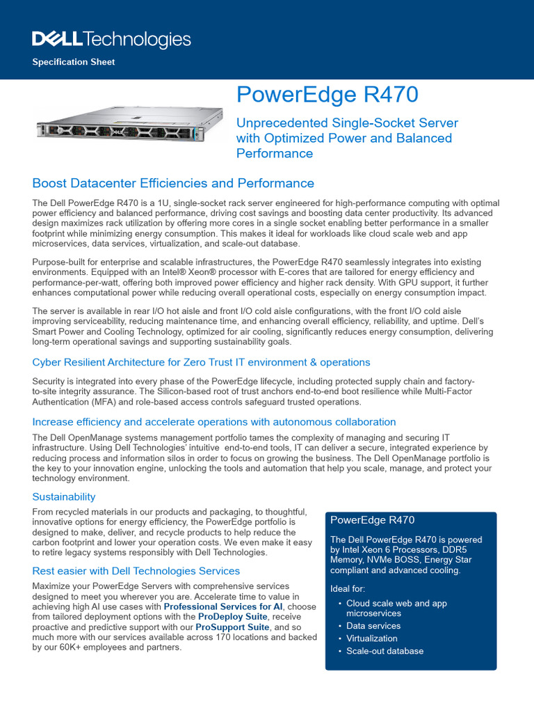 Poweredge r470 Spec Sheet | PDF | Data Center | Scalability
