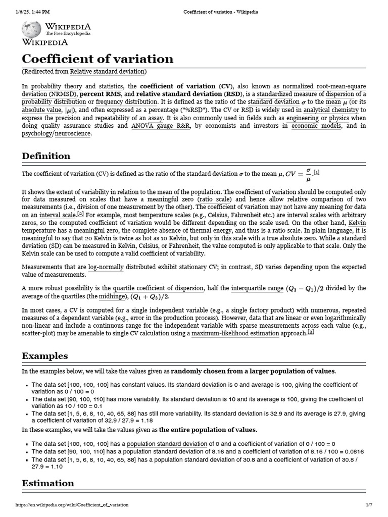 Coefficient of Variation - Wikipedia | PDF | Coefficient Of Variation ...