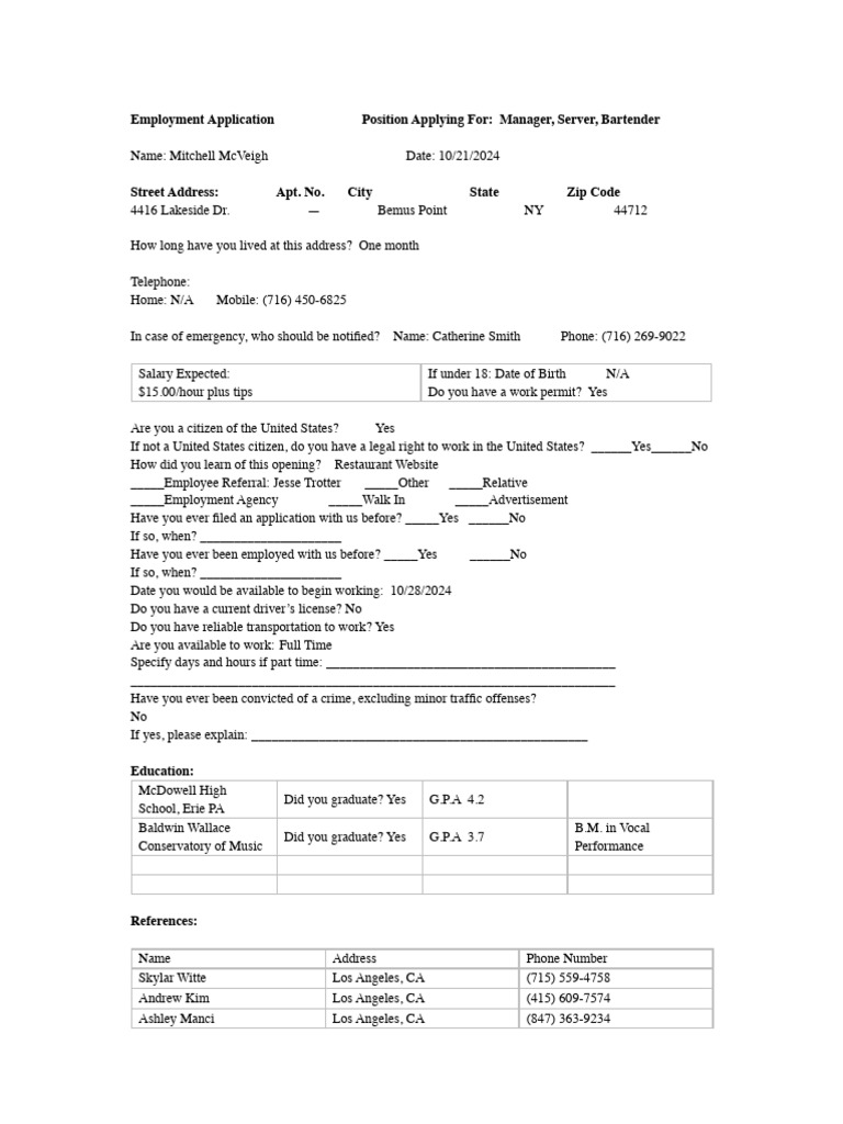 Employee Application CH | PDF | Employment