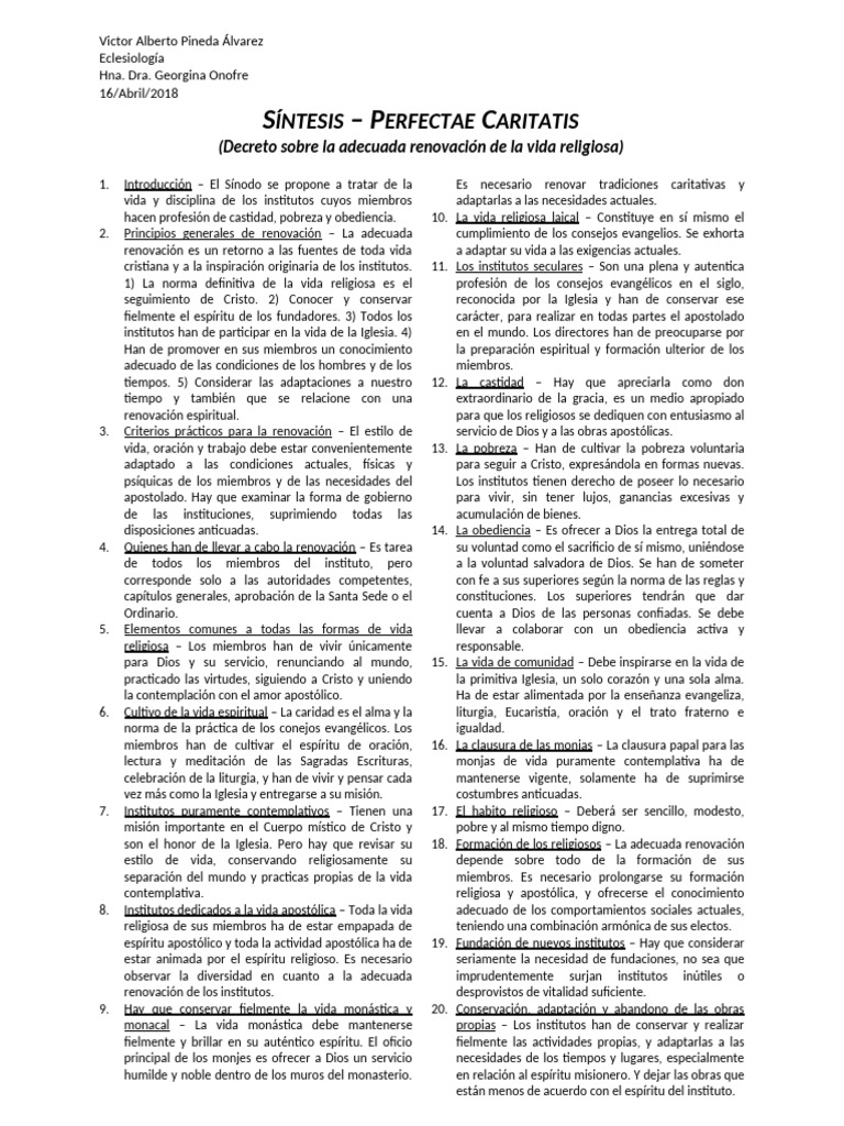 Síntesis - Perfectae Caritatis | PDF | Iglesia Católica | Monje