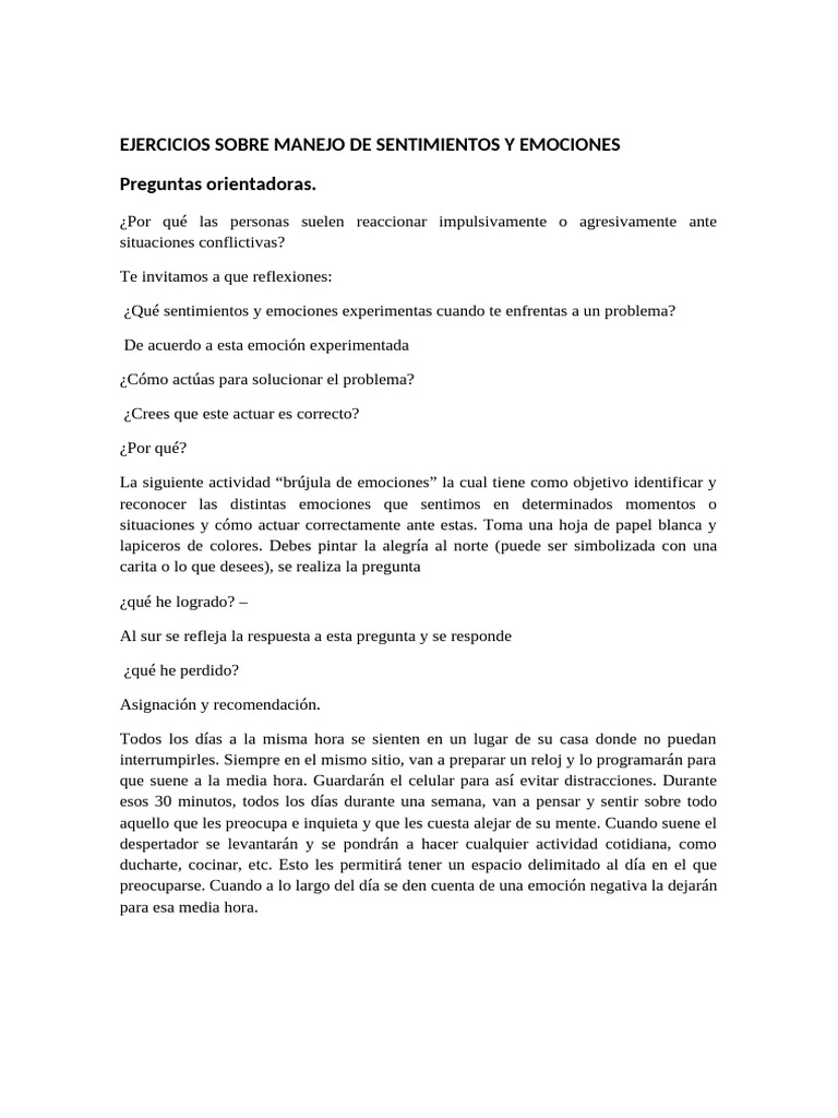 Ejercicios Sobre Manejo de Sentimientos y Emociones | PDF