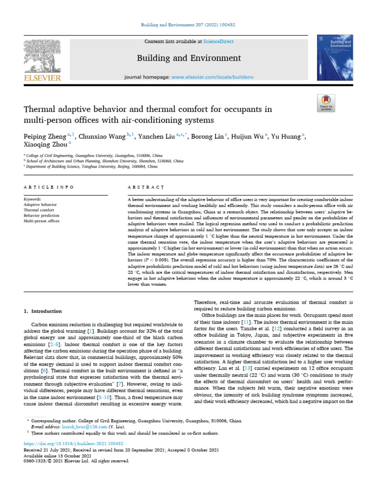 Thermal Adaptive Behavior and Thermal Comfort For Occupants in | PDF