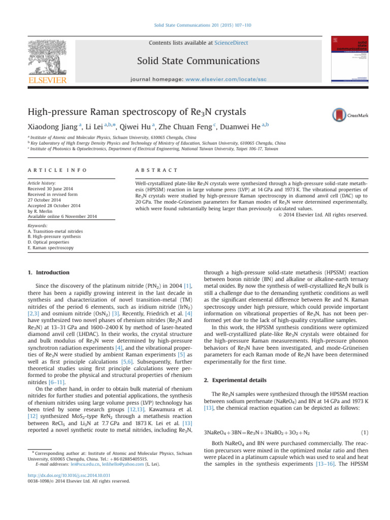 High-Pressure Raman Spectroscopy of Re3N Crystals | PDF | Raman ...