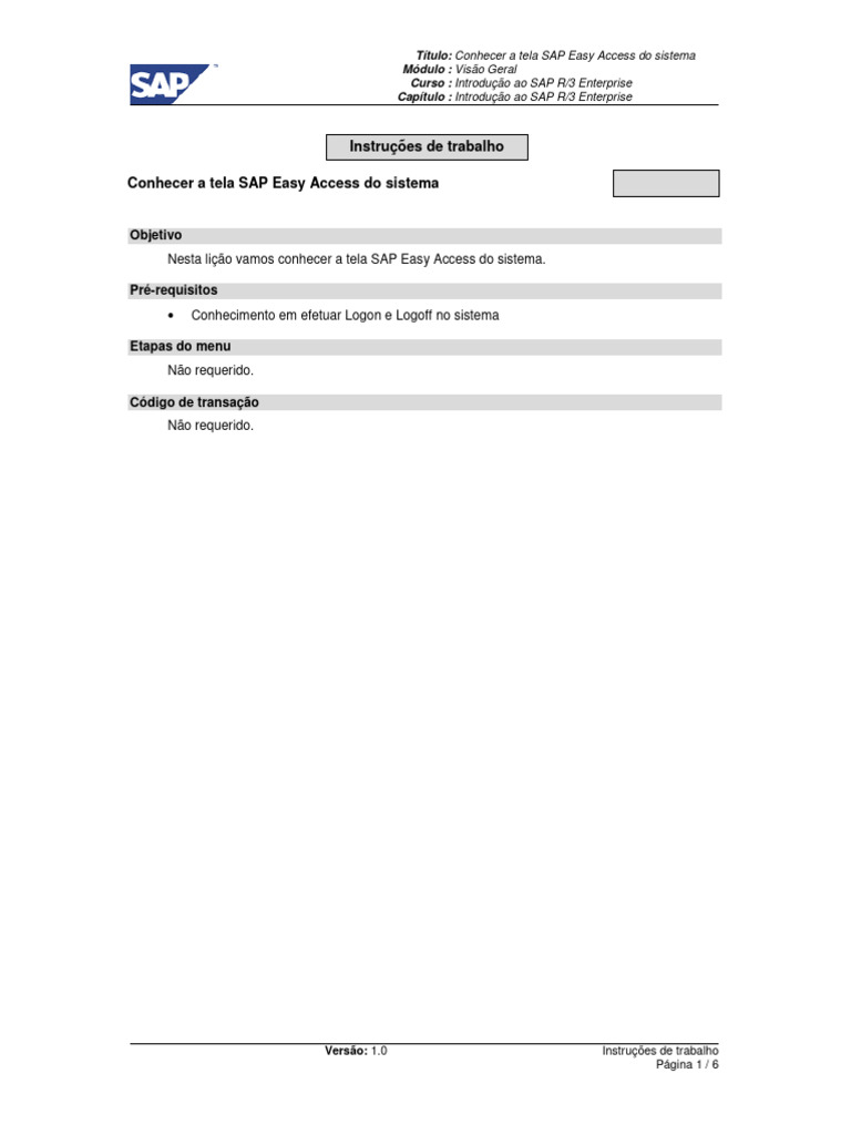 Conhecer A Tela Sap Easy Access Do Sistema | PDF | Transação em base de ...