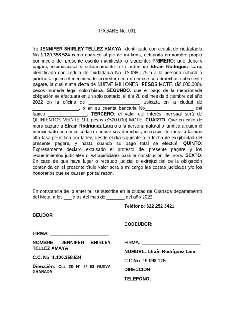 Pagaré por $9 Millones en Colombia | PDF
