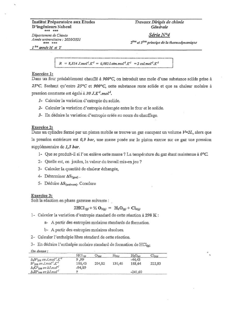 1er Et 3ème Principe Thermodynamique 2021 IPEIN Series | PDF