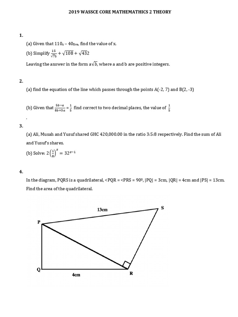 WASSCE 2019 Core Maths Mock Exam | PDF | Mathematical Concepts | Number ...