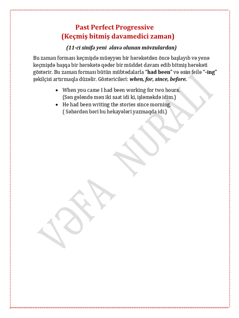 Past Perfect Progressive-XI Sinif Yeni Mövzu (Vəfa Nurəli) 1 | PDF
