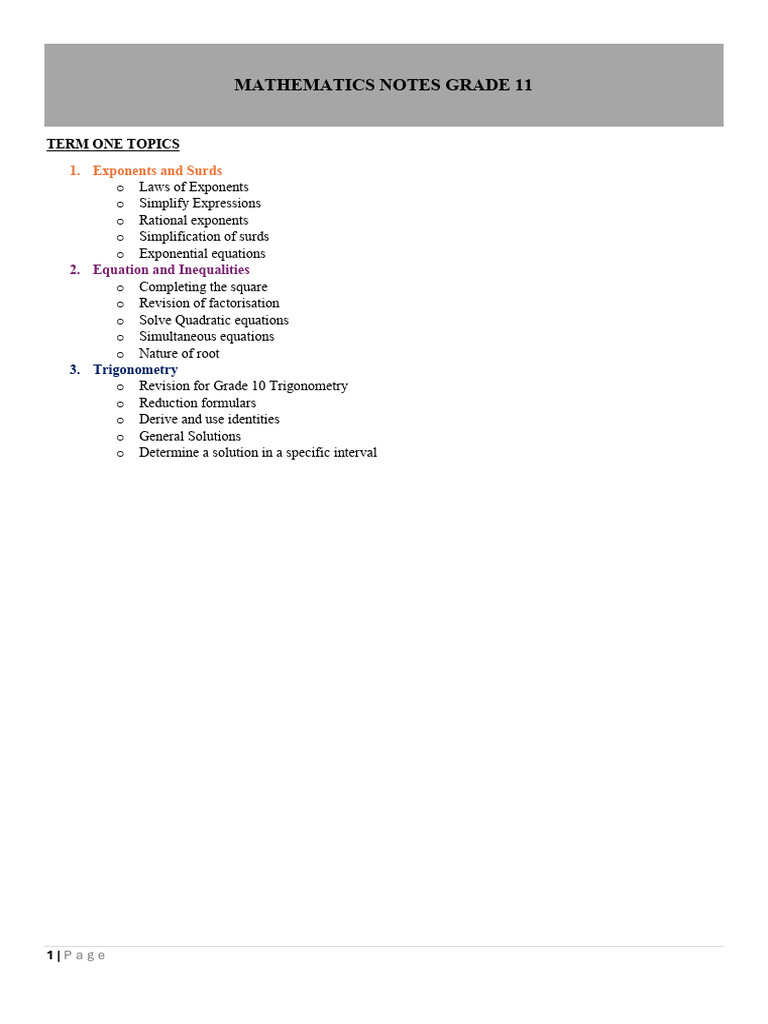 Grade 11 Maths Notes: Term One Topics | PDF | Exponentiation | Equations