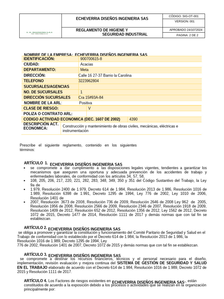 SIG-OT-004 Reglamento de Higiene y Seguridad Industrial | PDF | Regulación | Ingeniería