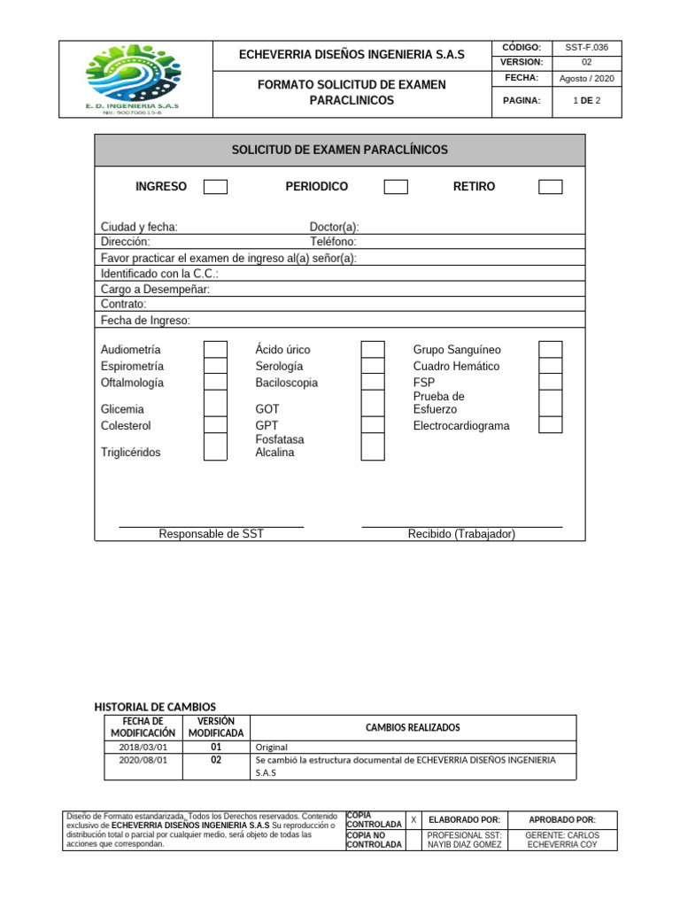 SST-F.036 Formato Solicitud de Examen Paraclínicos | PDF