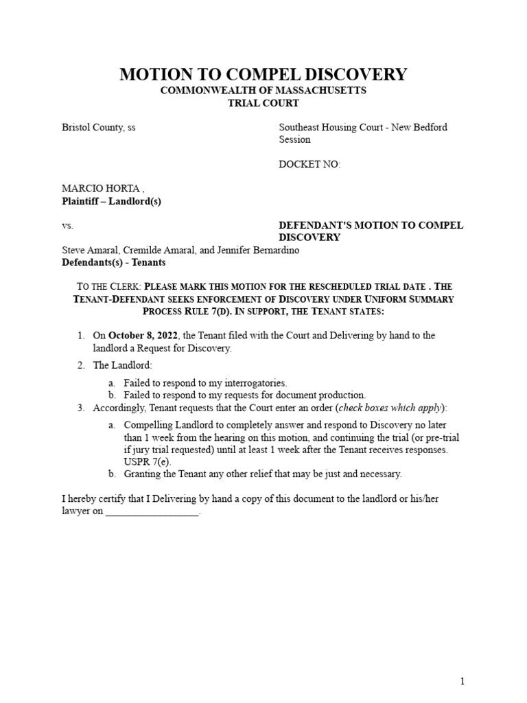 Tenant's Motion to Compel Discovery | PDF