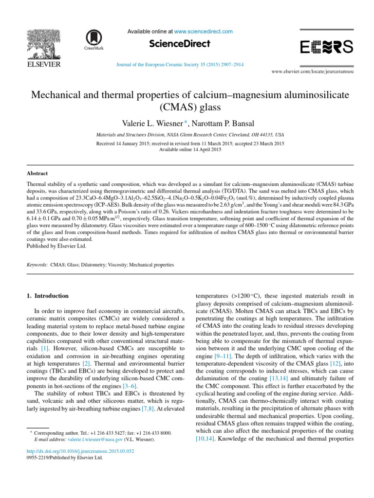 Wiesner (2015) Mechanical and Thermal Properties of CMAS Glass | PDF | Viscosity | Glasses