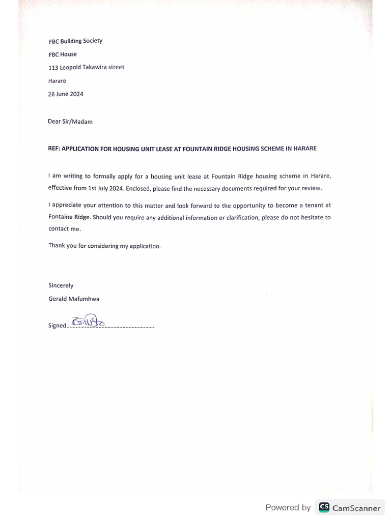 Application Letter For FBC Housing Unit Lease | PDF