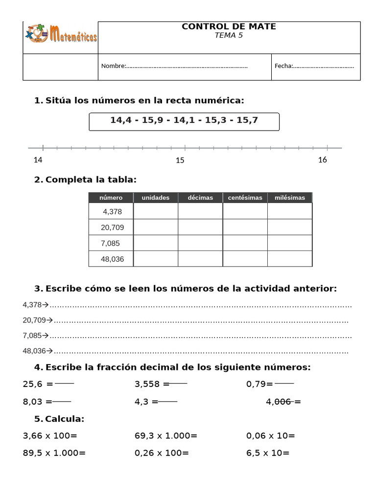 Ejercicios De Control De Números Decimales Pdf