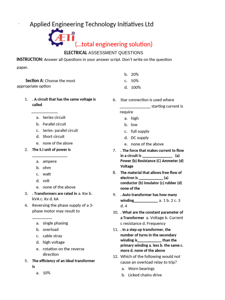 BAT Electrical Test Questions | PDF | Series And Parallel Circuits ...