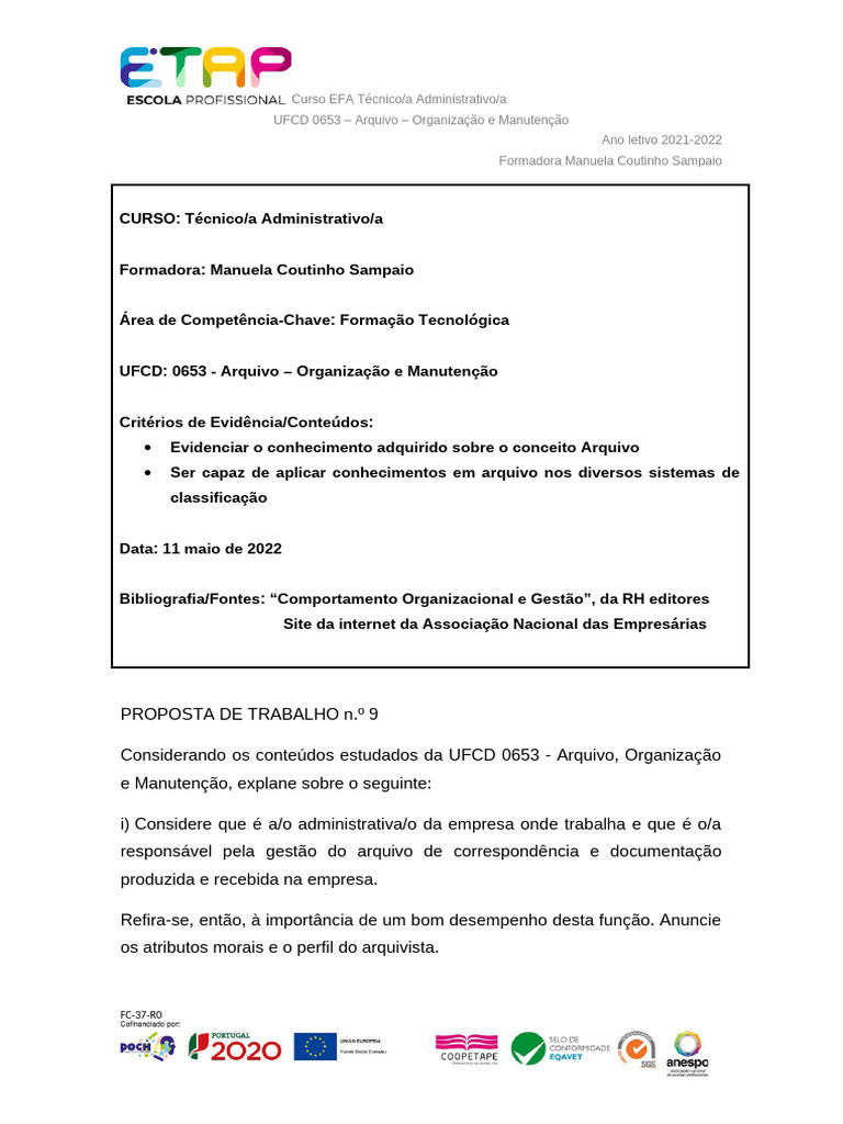 Proposta de Trabalho N.º 9 AOM - UFCD 0653 | PDF