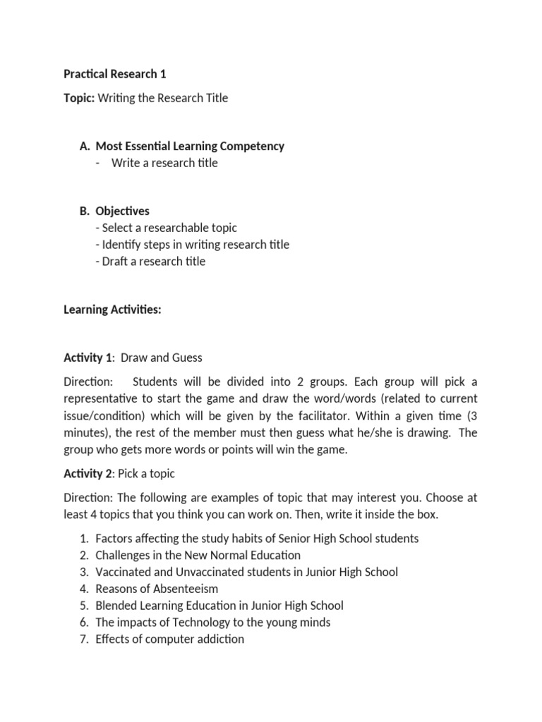 Practical-Research-1-activities | PDF | Question | Learning