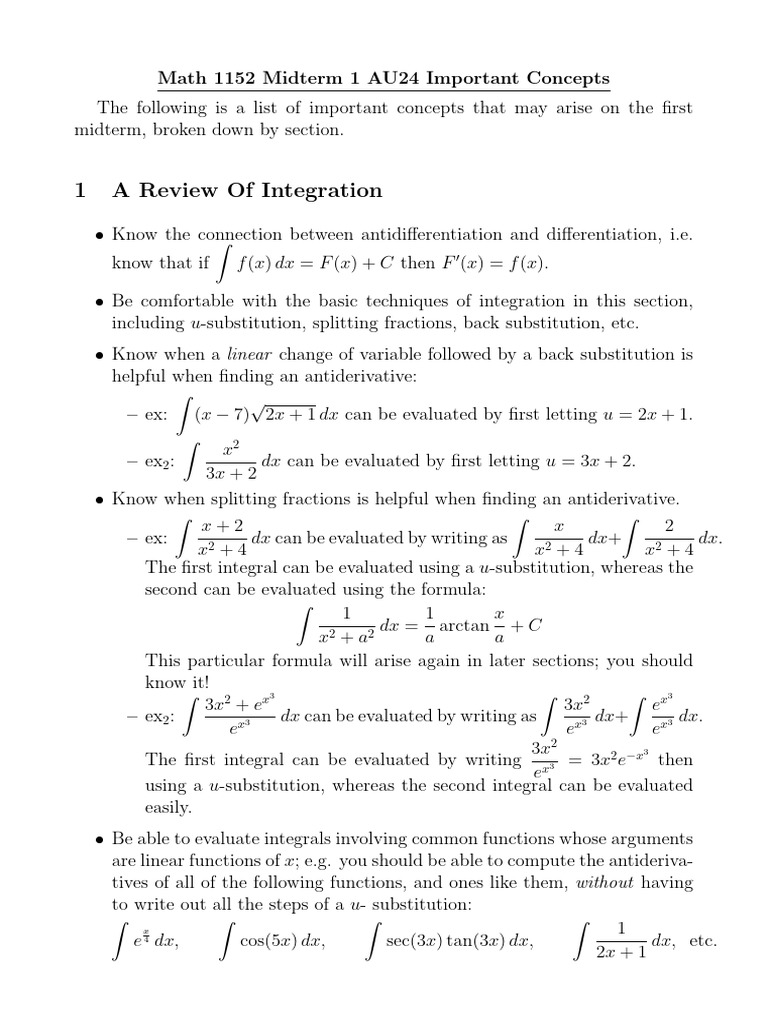 Math 1152 Midterm 1 Study Guide AU24 | PDF | Integral | Area