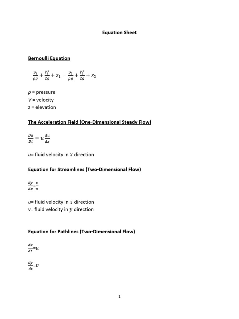 Fluid Dynamics Equation Sheet | PDF