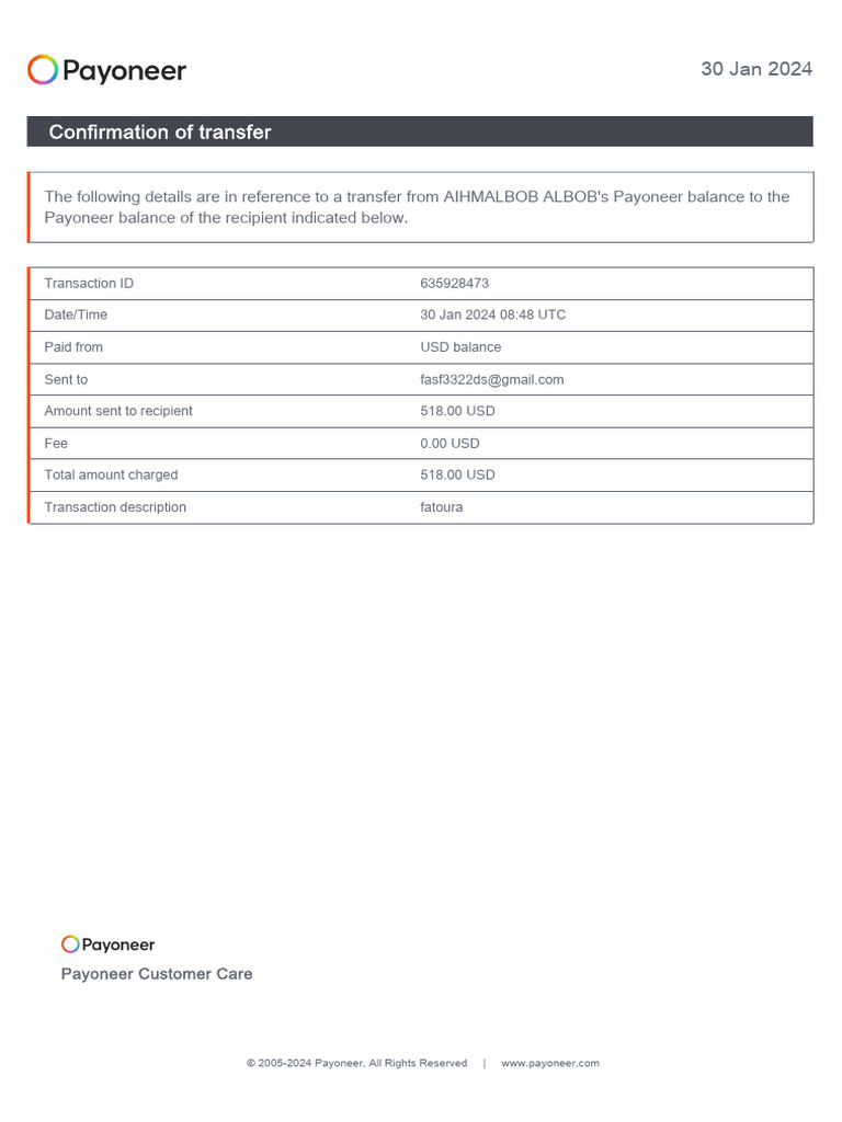 Payoneer Transfer Confirmation Details | PDF