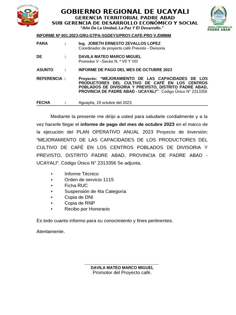 Informe Octubre - Mateo 2023 Corregidos Nuevo Imp | PDF | café | Industria de alimentos
