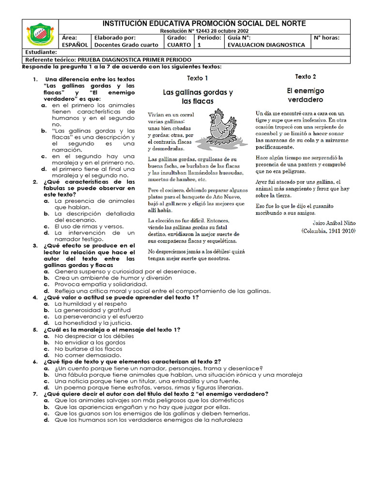 Evaluación Diagnóstica de Español 4to Grado | PDF | Miel