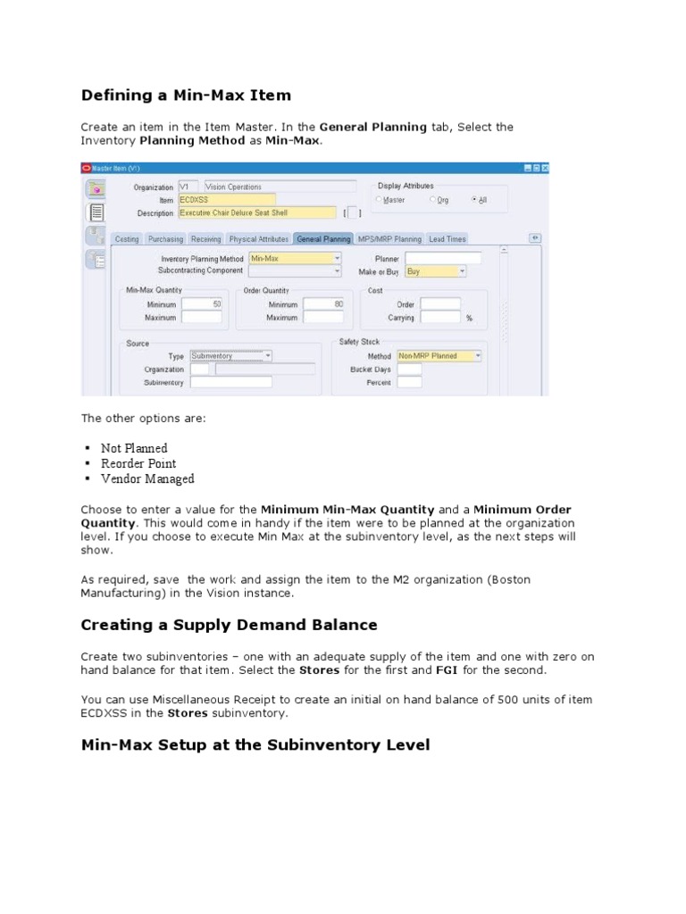 Defining A Min-Max Item: Not Planned Reorder Point Vendor Managed | PDF