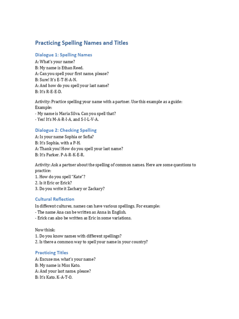 Practicing Spelling Names Titles | PDF
