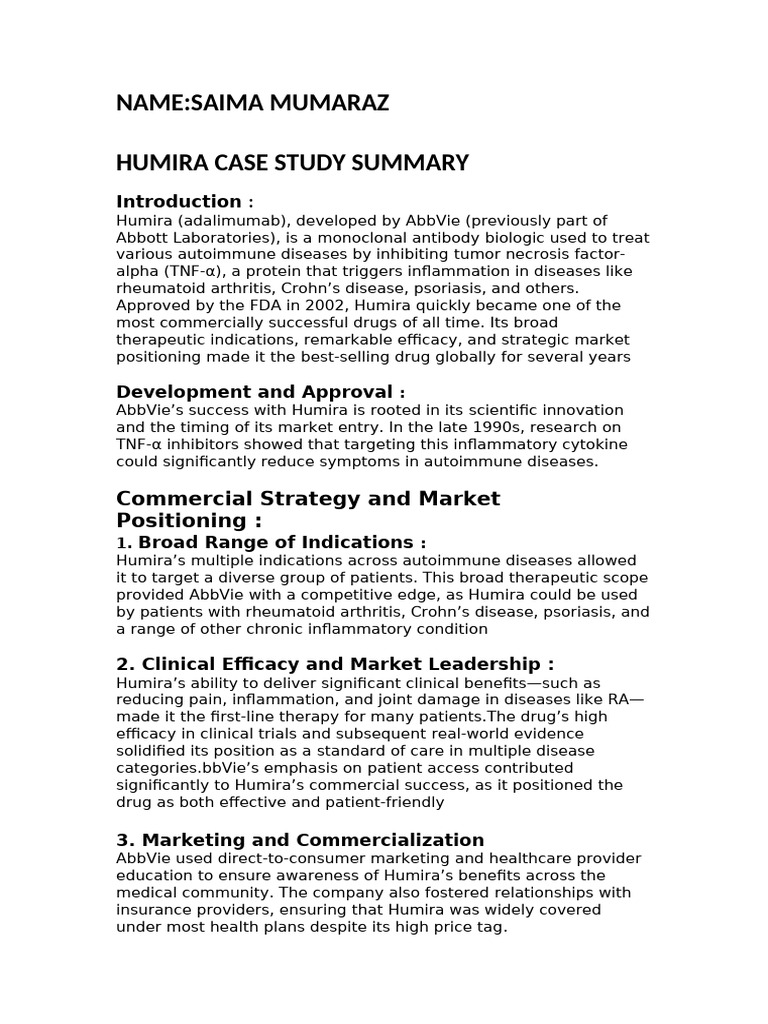 Humira Case Study Summary | PDF | Immunology | Pharmacology