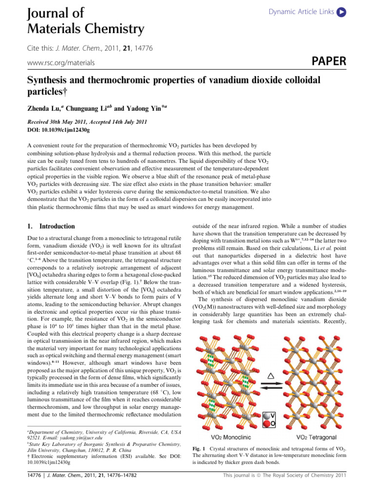 2011.synthesis and Thermochromic Properties VO2 Colloidal Particles ...