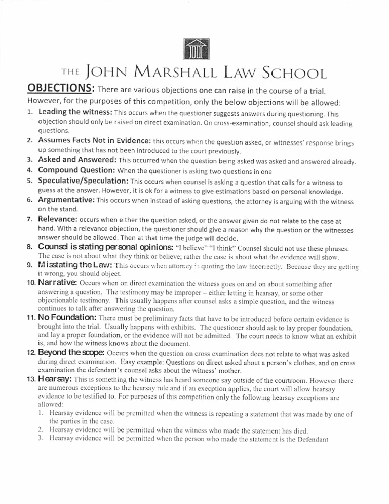 List of Objections | PDF | Hearsay | Hearsay In United States Law
