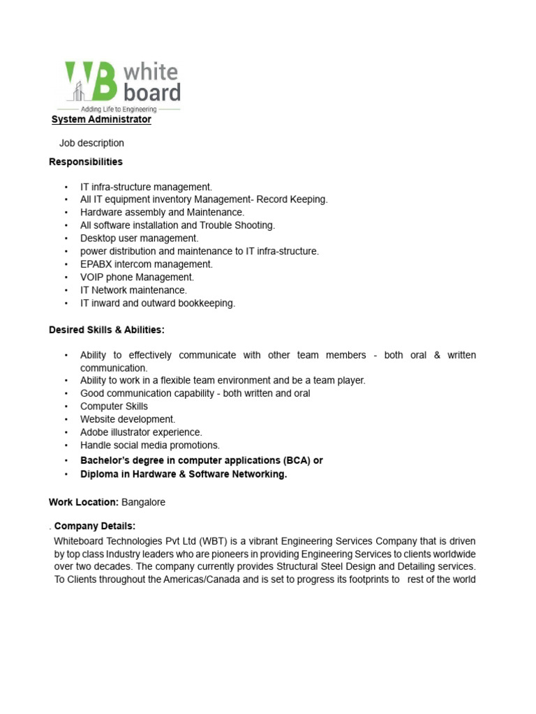 System Admin JD | PDF | Educational Technology | Computing